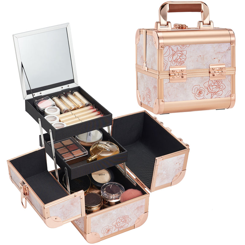 Marble Rose Gold Style+2-Tier Trays with Mirror Makeup Case M83Z ...