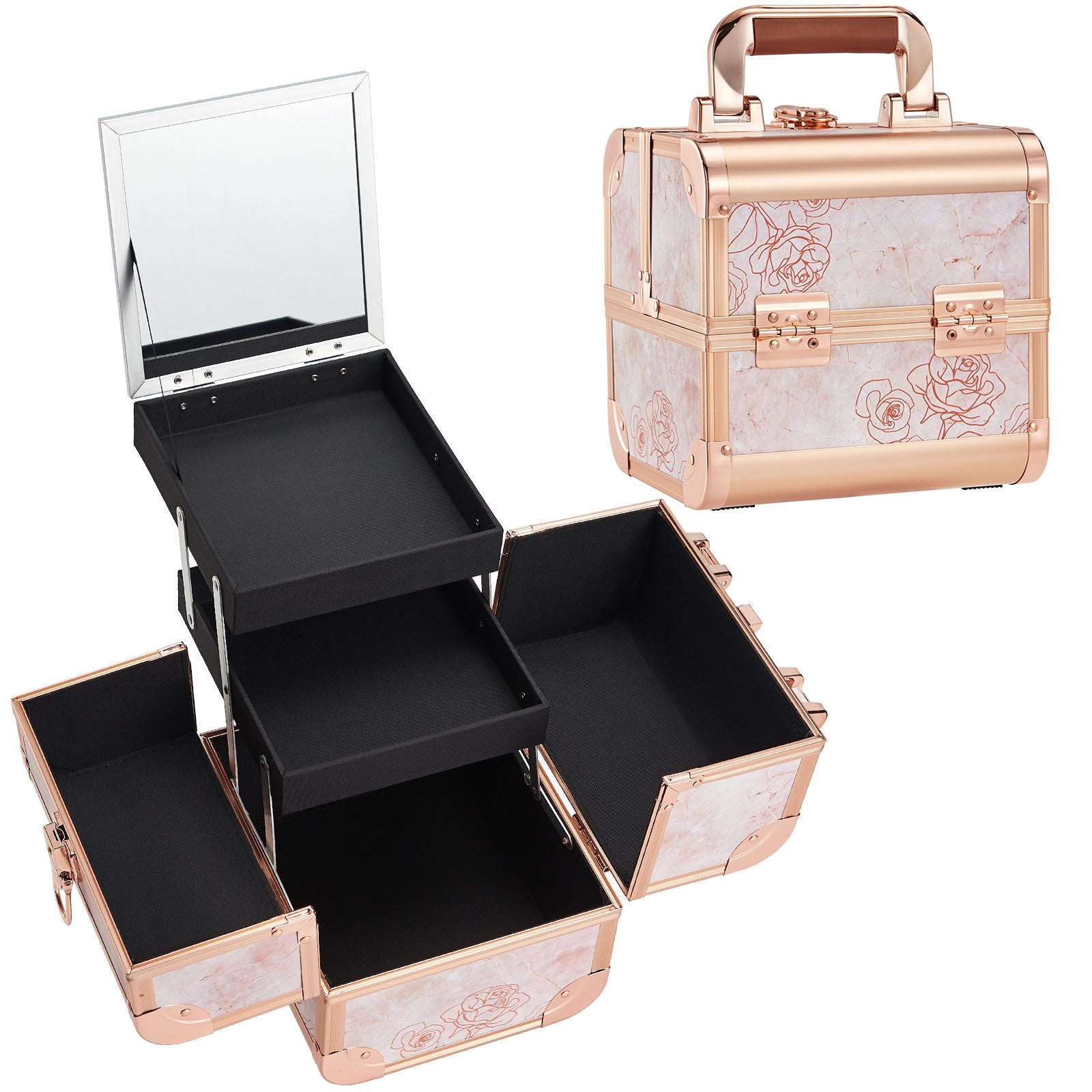 Marble Rose Gold Style+2-Tier Trays with Mirror Makeup Case M83Z ...