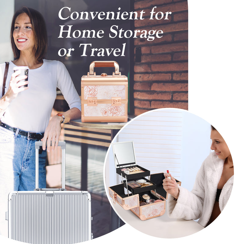 Marble Rose Gold Style+2-Tier Trays with Mirror Makeup Case M83Z ...
